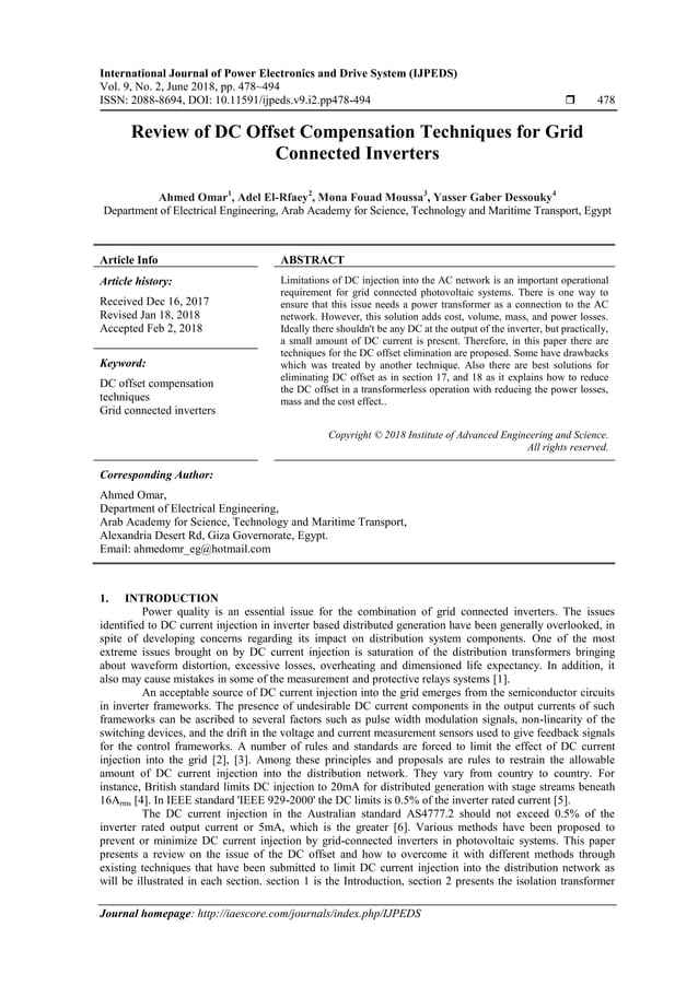 Review of DC Offset Compensation Techniques for Grid Connected Inverters | PDF