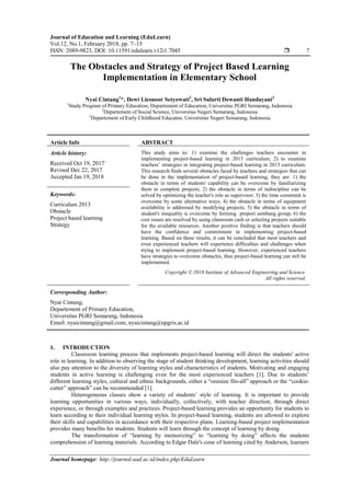 The Obstacles and Strategy of Project Based Learning Implementation in Elementary School | PDF