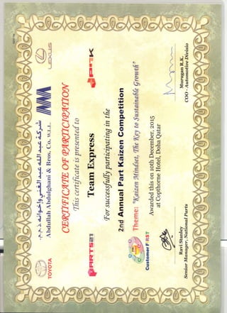 Certificate For Part Kaizen Marathon 2015(Team Lead) | PDF