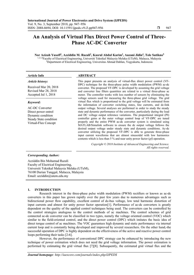 An Analysis of Virtual Flux Direct Power Control of Three-Phase AC-DC Converter | PDF