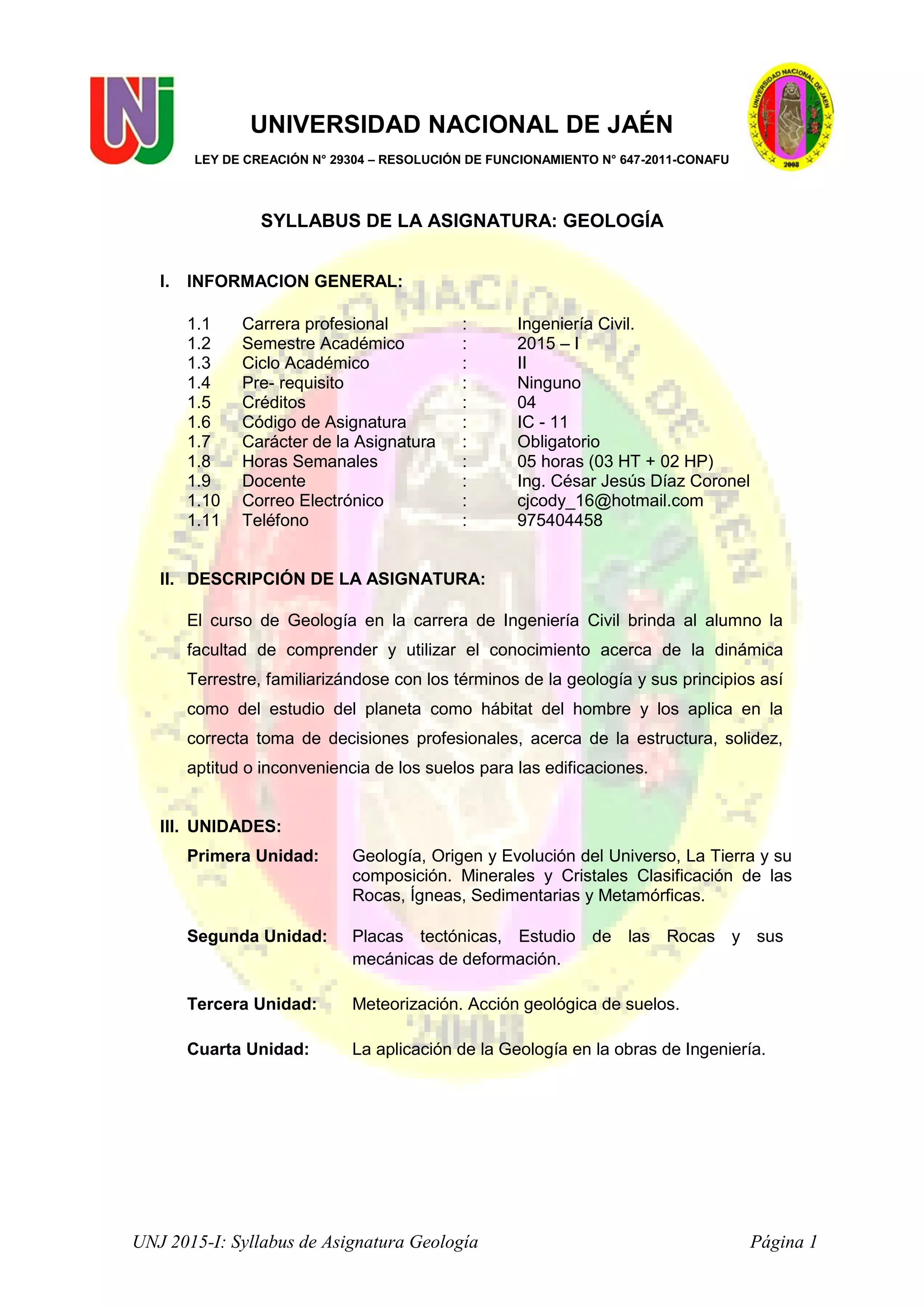 021 syllabus geología unj2015 i ing. césar díaz | PDF