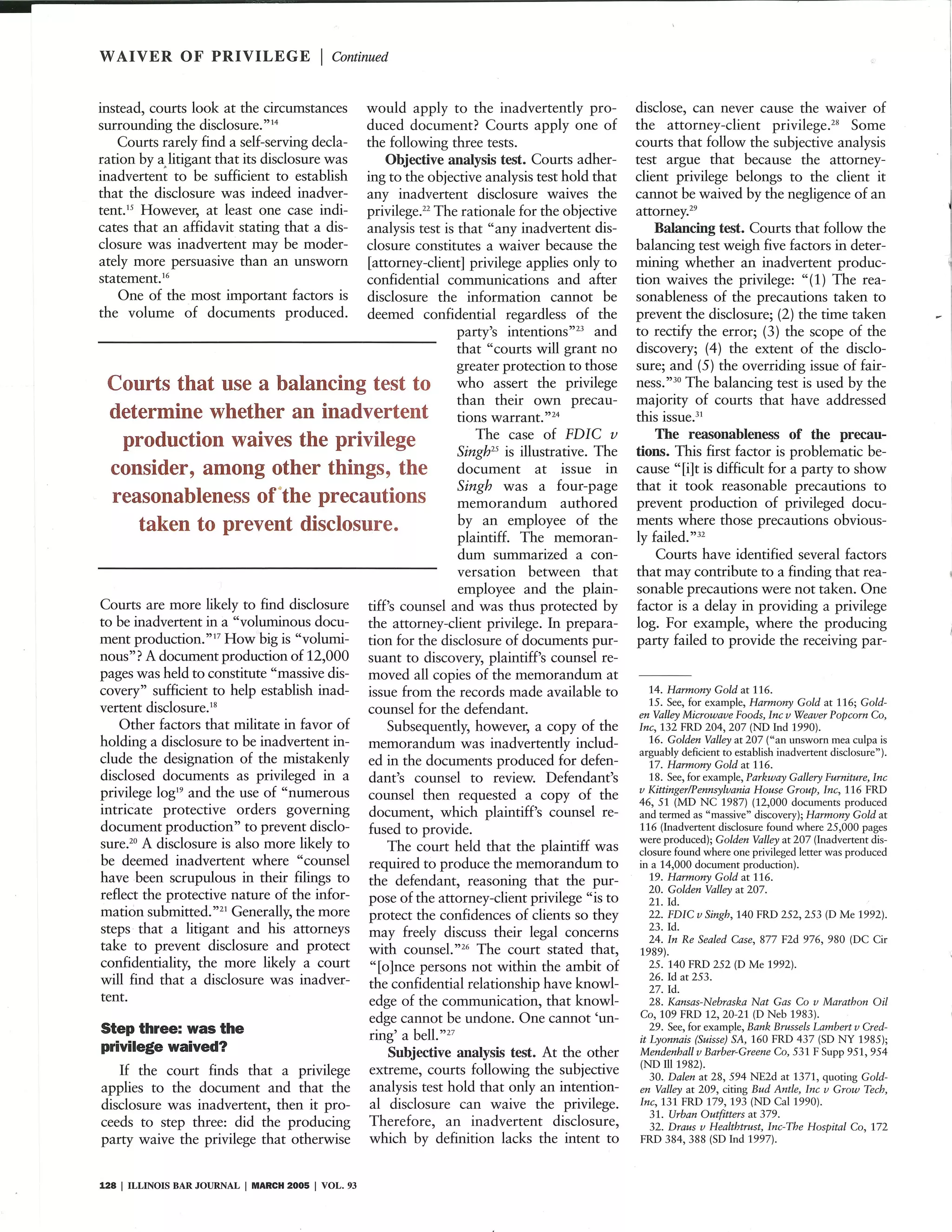 Waiver of Privilege for Documents Inadvertently Disclosed During ...