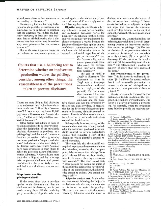 Waiver of Privilege for Documents Inadvertently Disclosed During ...