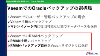 Veeam新機能 徹底解説 Part 1：Oracle RMAN連携 ～運用変えずVeeamでらくらくバックアップ＆リストア～ | PPTX