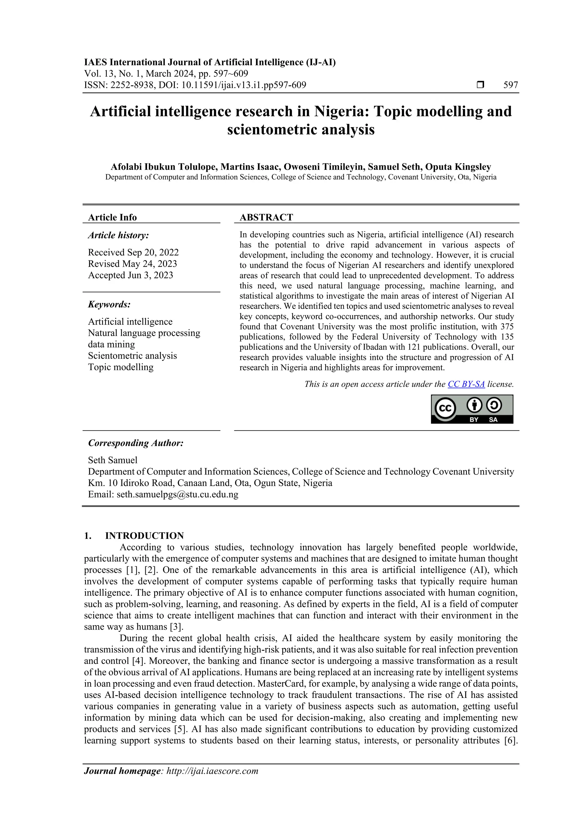 Artificial intelligence research in Nigeria: Topic modelling and scientometric analysis | PDF