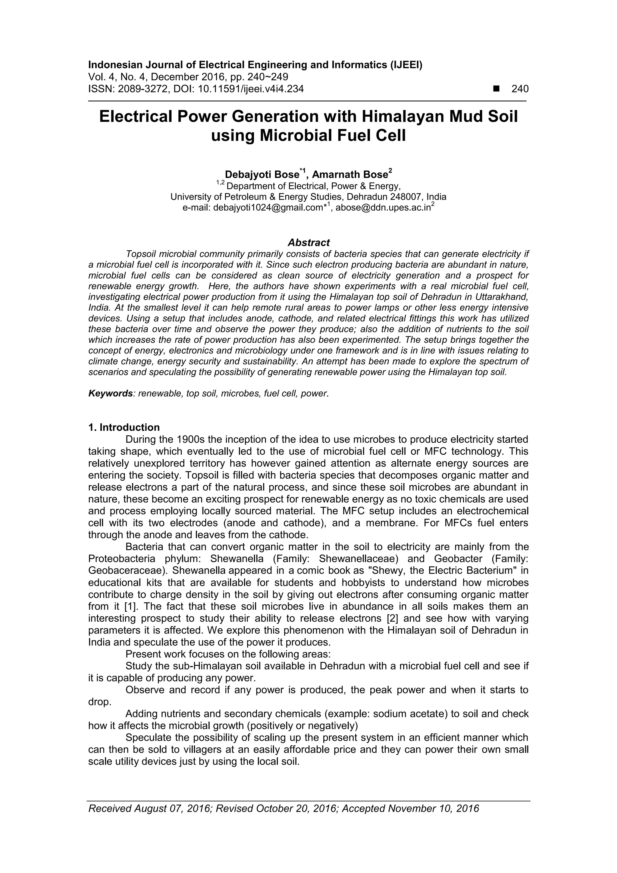 Electrical Power Generation with Himalayan Mud Soil using Microbial ...