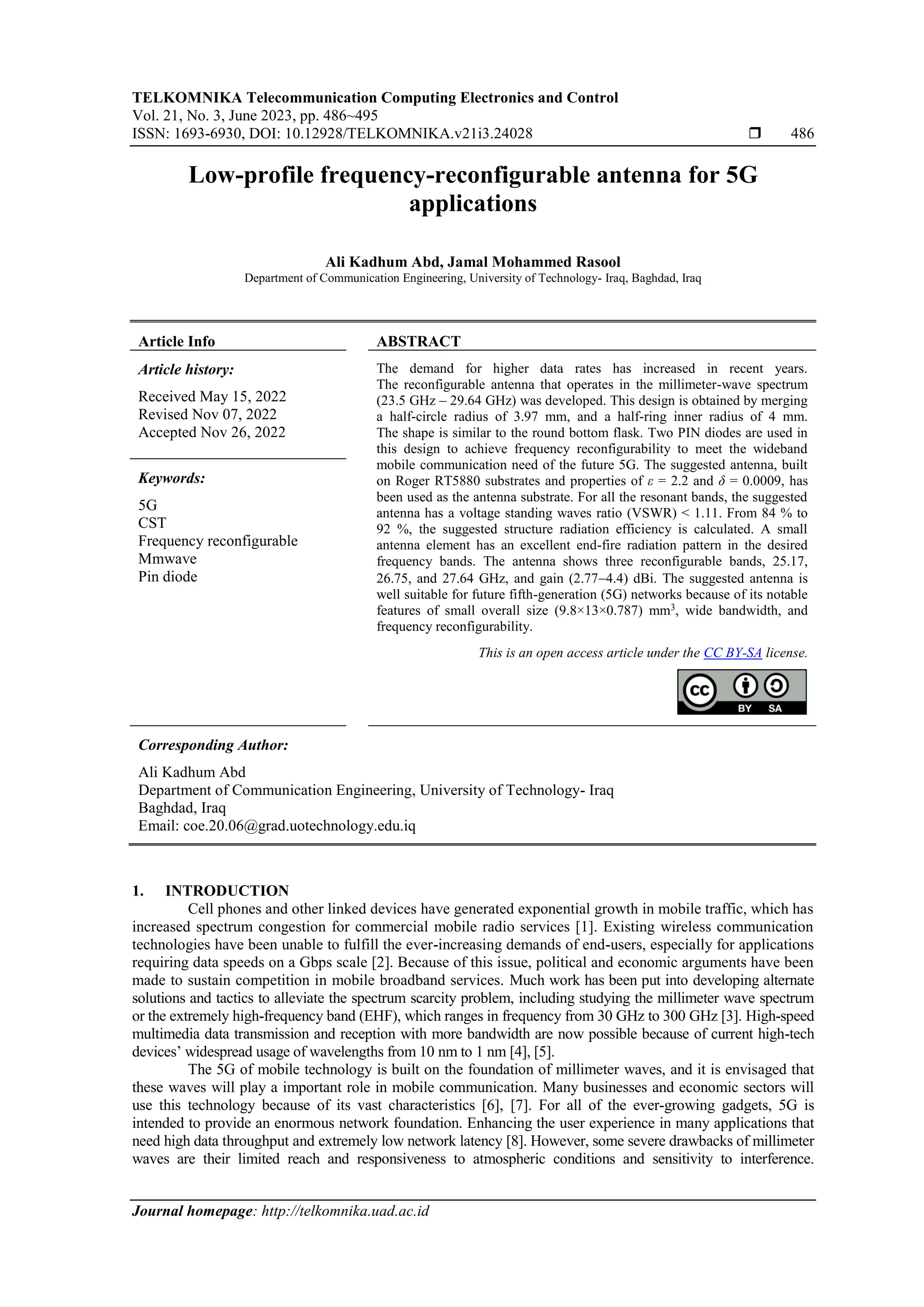 Low-profile frequency-reconfigurable antenna for 5G applications | PDF