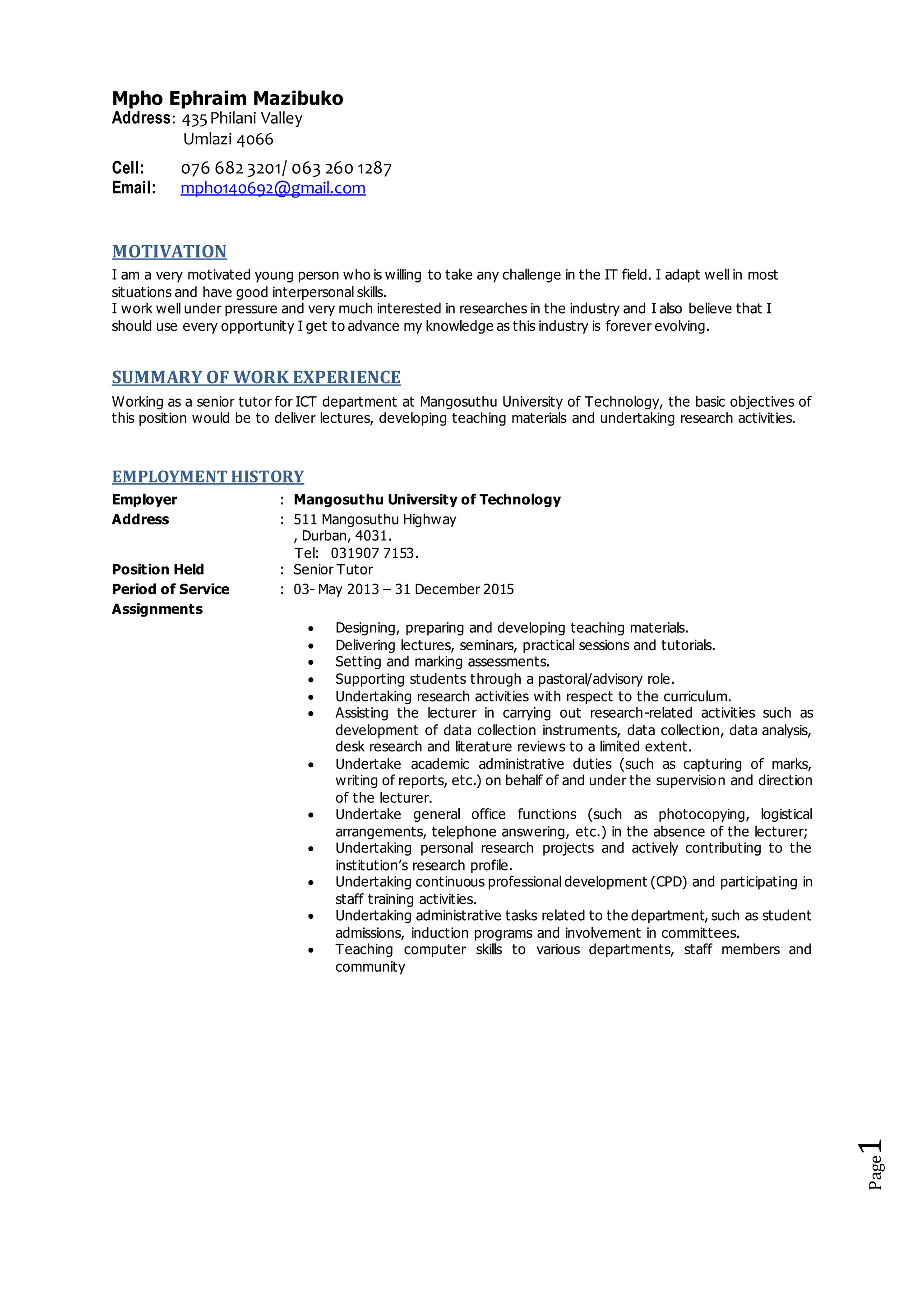 Mpho Mazibuko's CV | DOCX