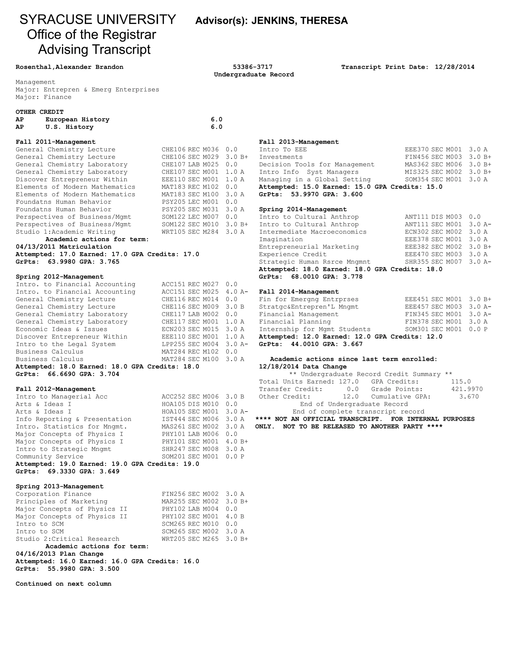 Rosenthal_Alexander_UnofficialTranscript | PDF