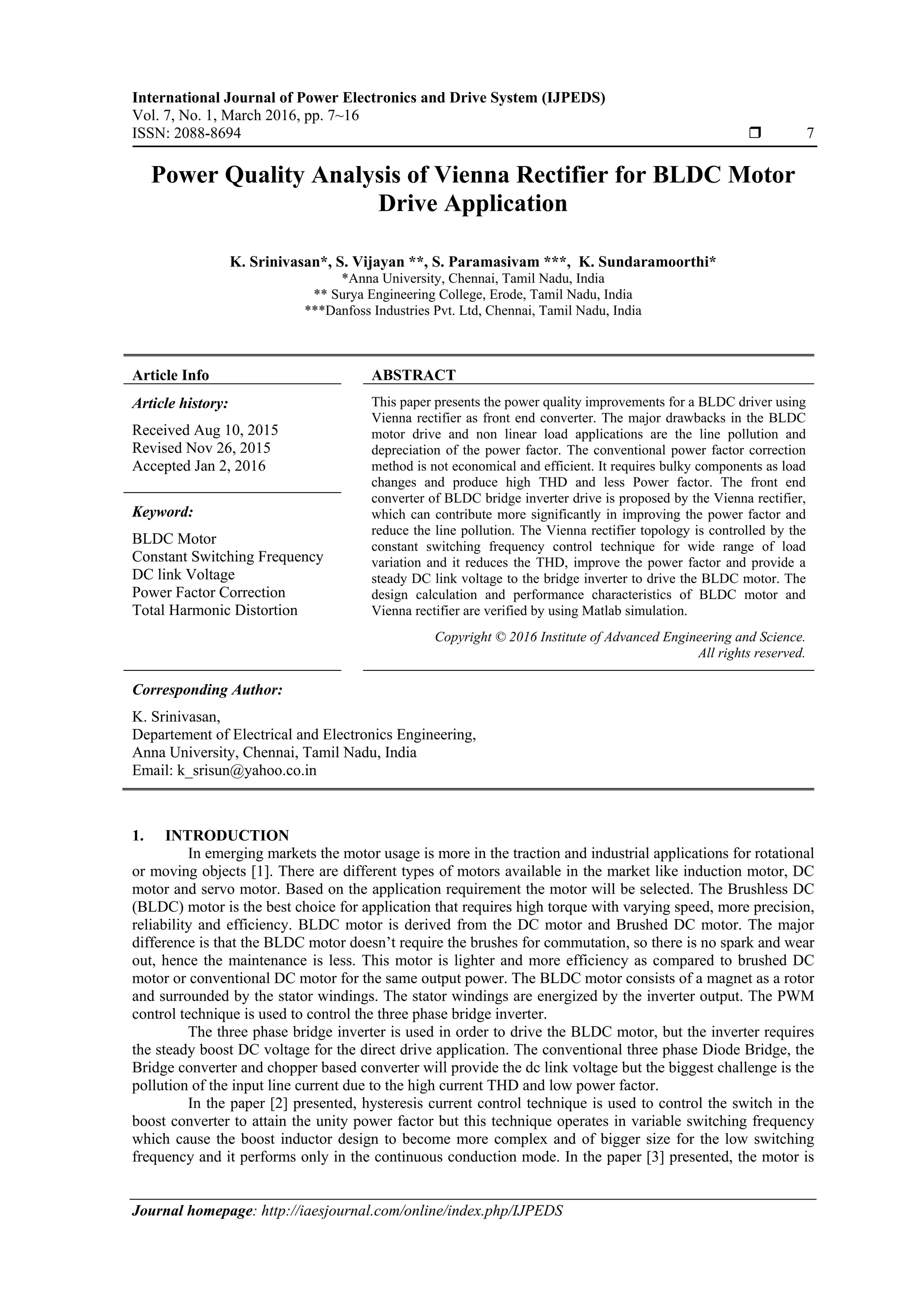 Power Quality Analysis of Vienna Rectifier for BLDC Motor Drive Application | PDF