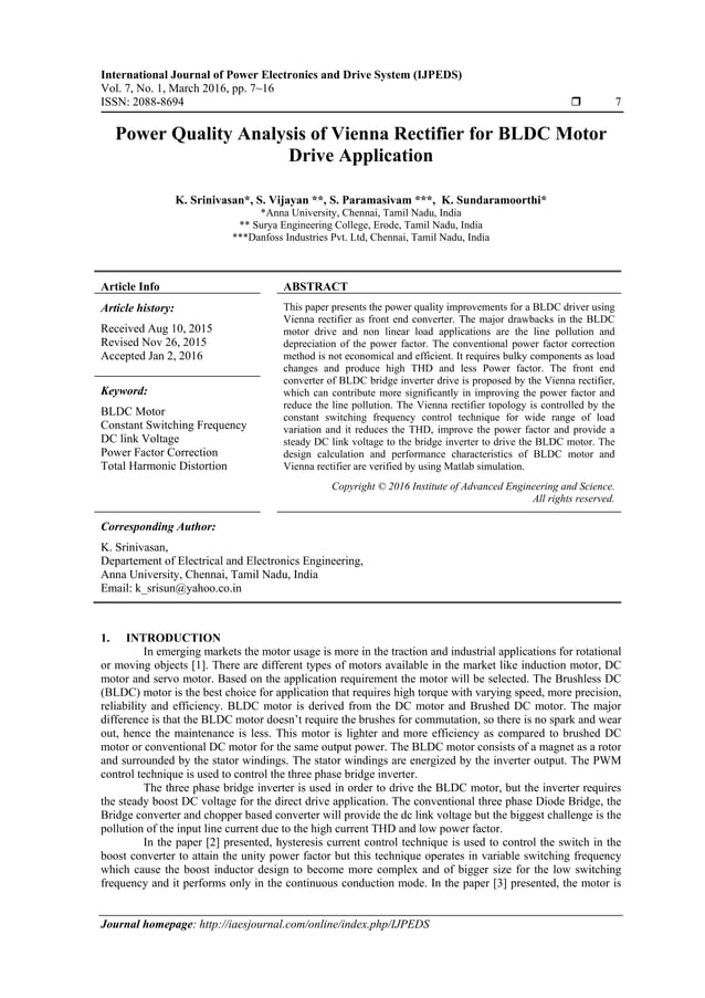 Power Quality Analysis of Vienna Rectifier for BLDC Motor Drive Application | PDF