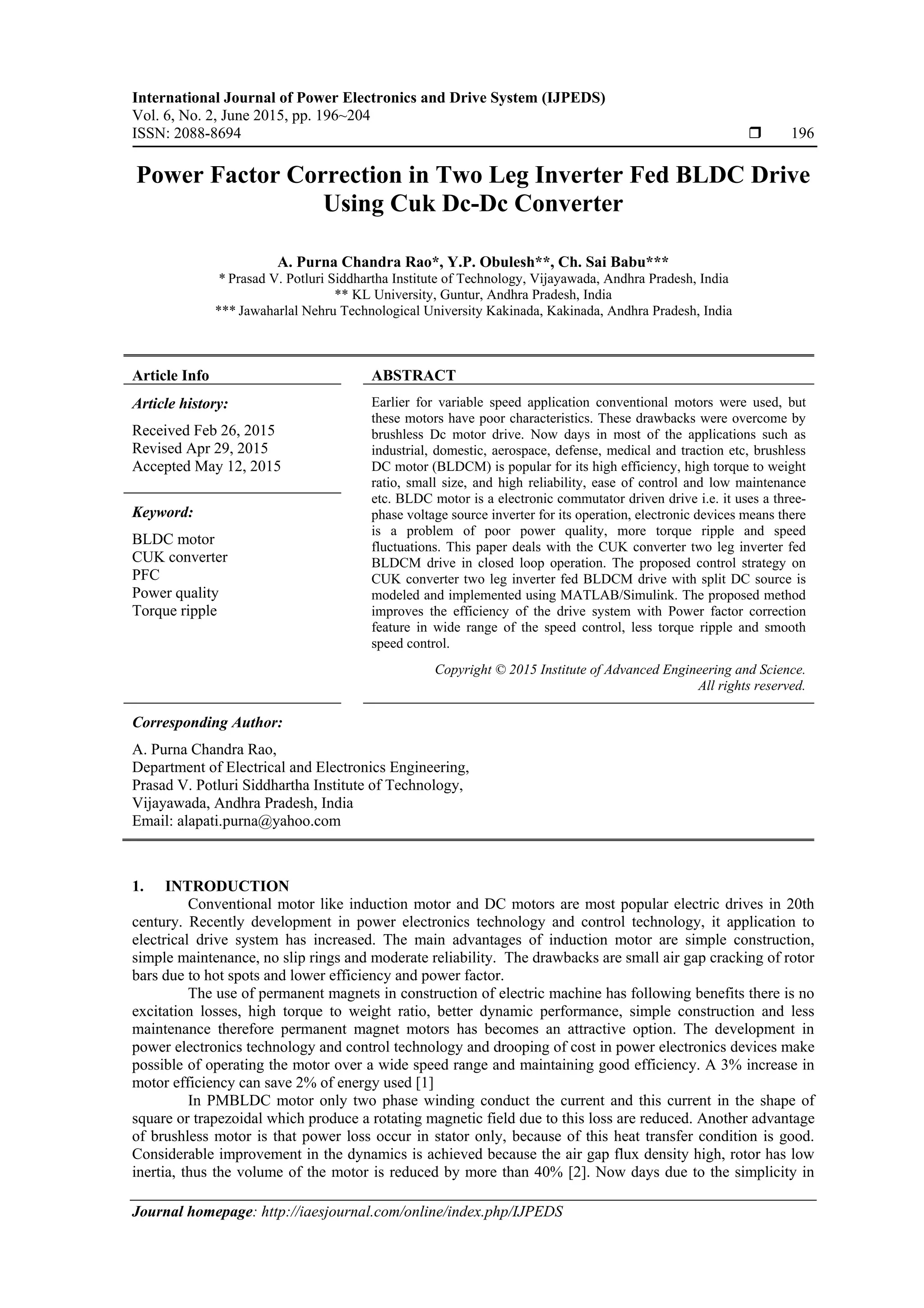 Power Factor Correction in Two Leg Inverter Fed BLDC Drive Using Cuk Dc-Dc Converter | PDF