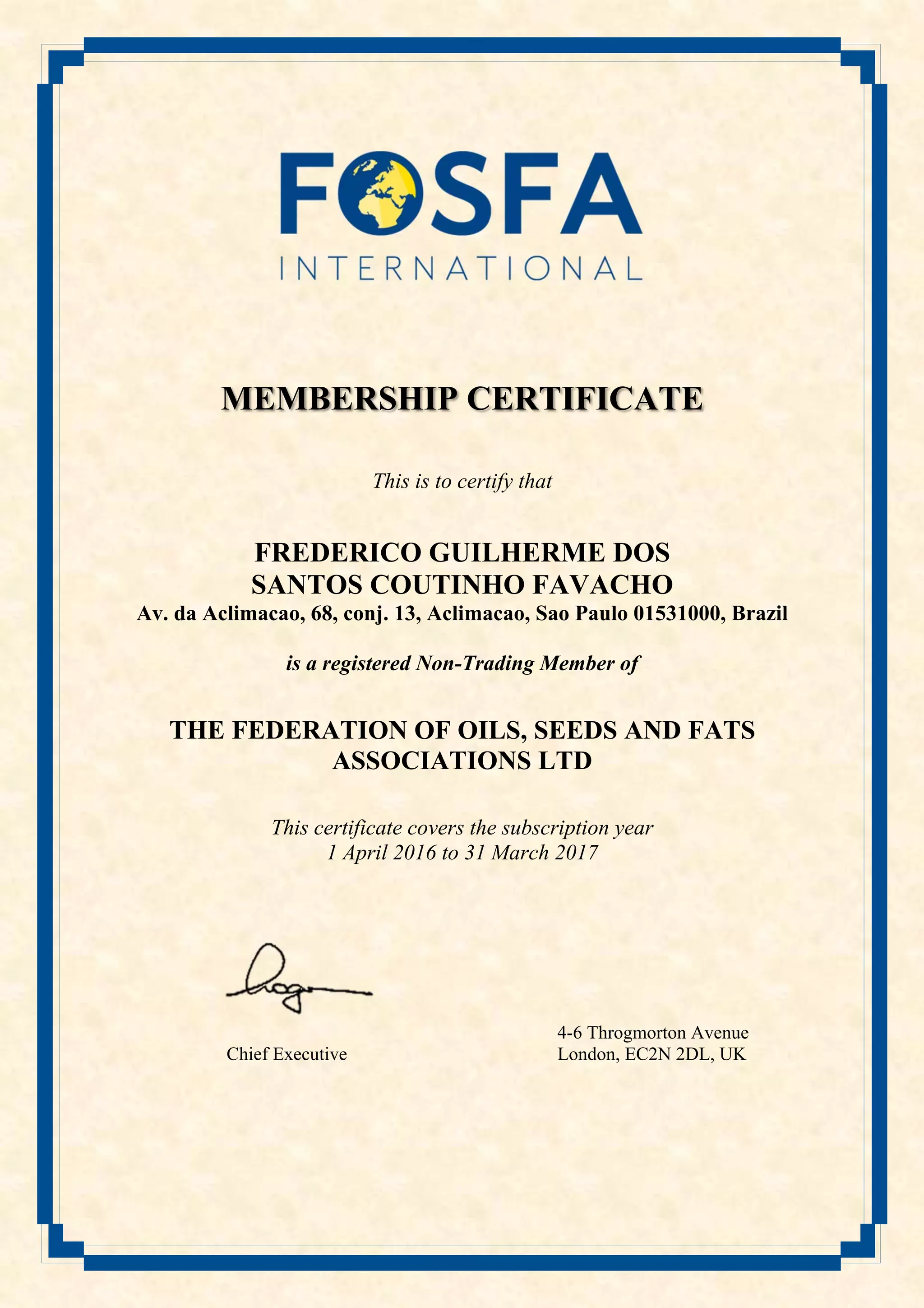 Membership Certificate 2016-17 - FOSFA | PDF