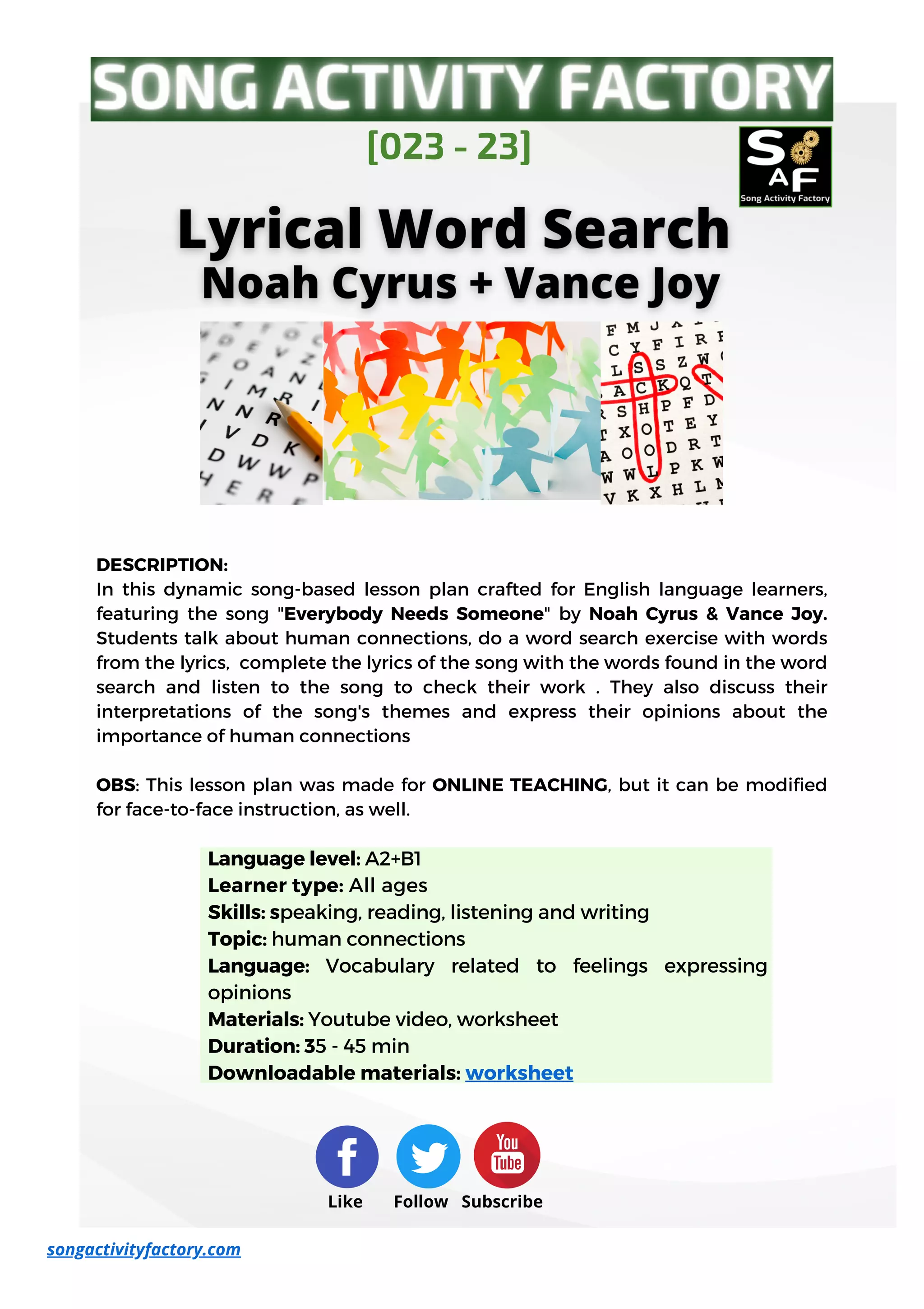 Lyrical Word Search Lesson Plan Noah Cyrus + Vance Joy | PDF | World ...
