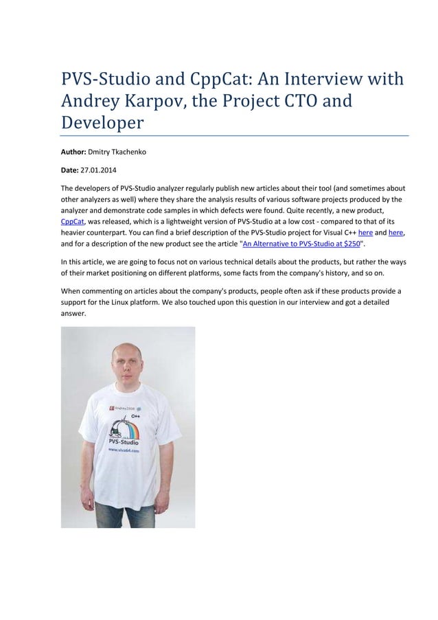 PVS-Studio and CppCat: An Interview with Andrey Karpov, the Project CTO and Developer | PDF