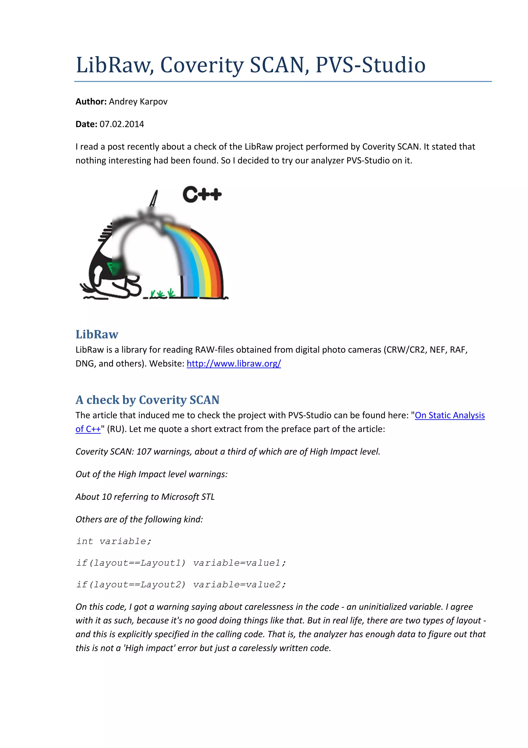 LibRaw, Coverity SCAN, PVS-Studio | PDF | Programming Languages | Computing