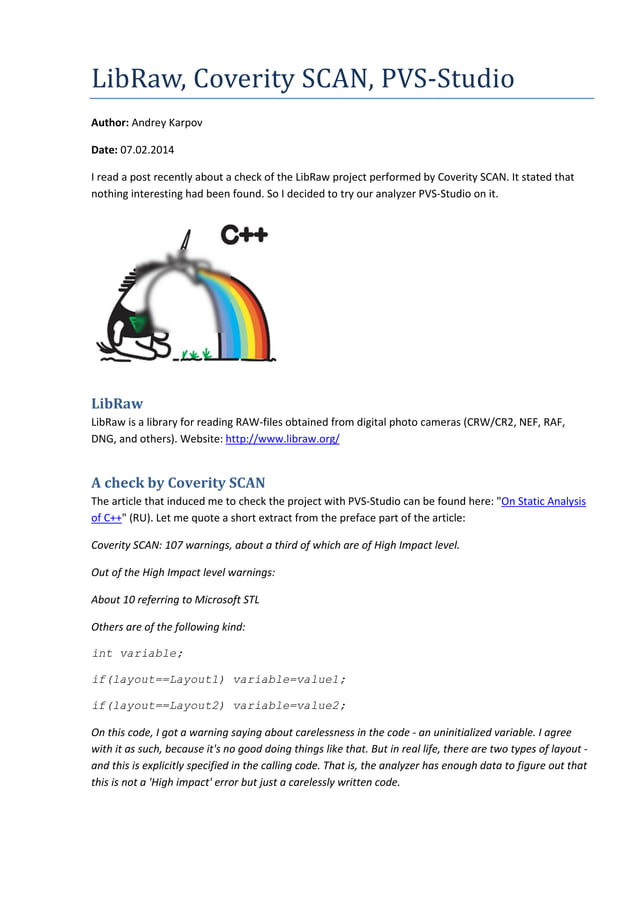 LibRaw, Coverity SCAN, PVS-Studio | PDF | Programming Languages | Computing