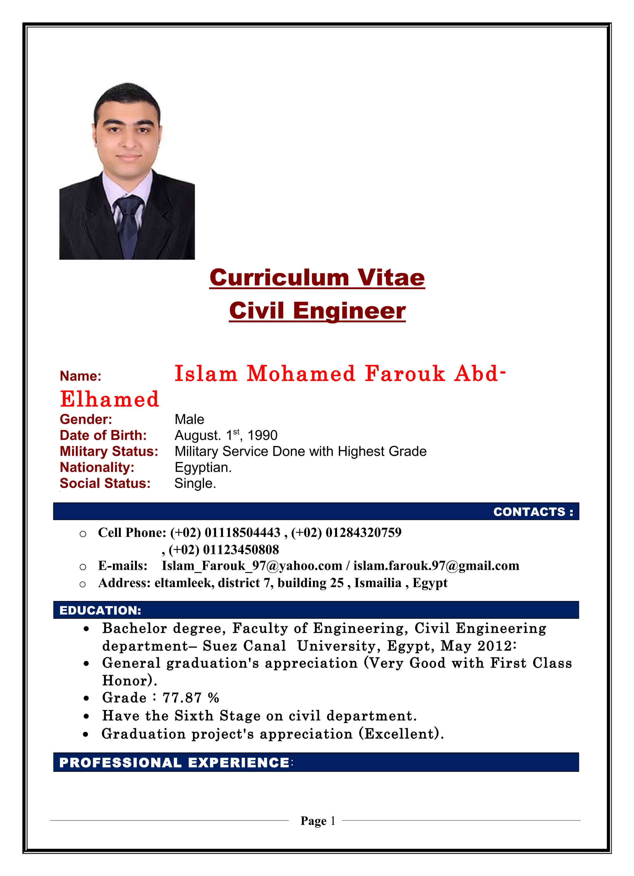 Islam Farouk c.v | DOC | Civil Engineering Industry | Industries