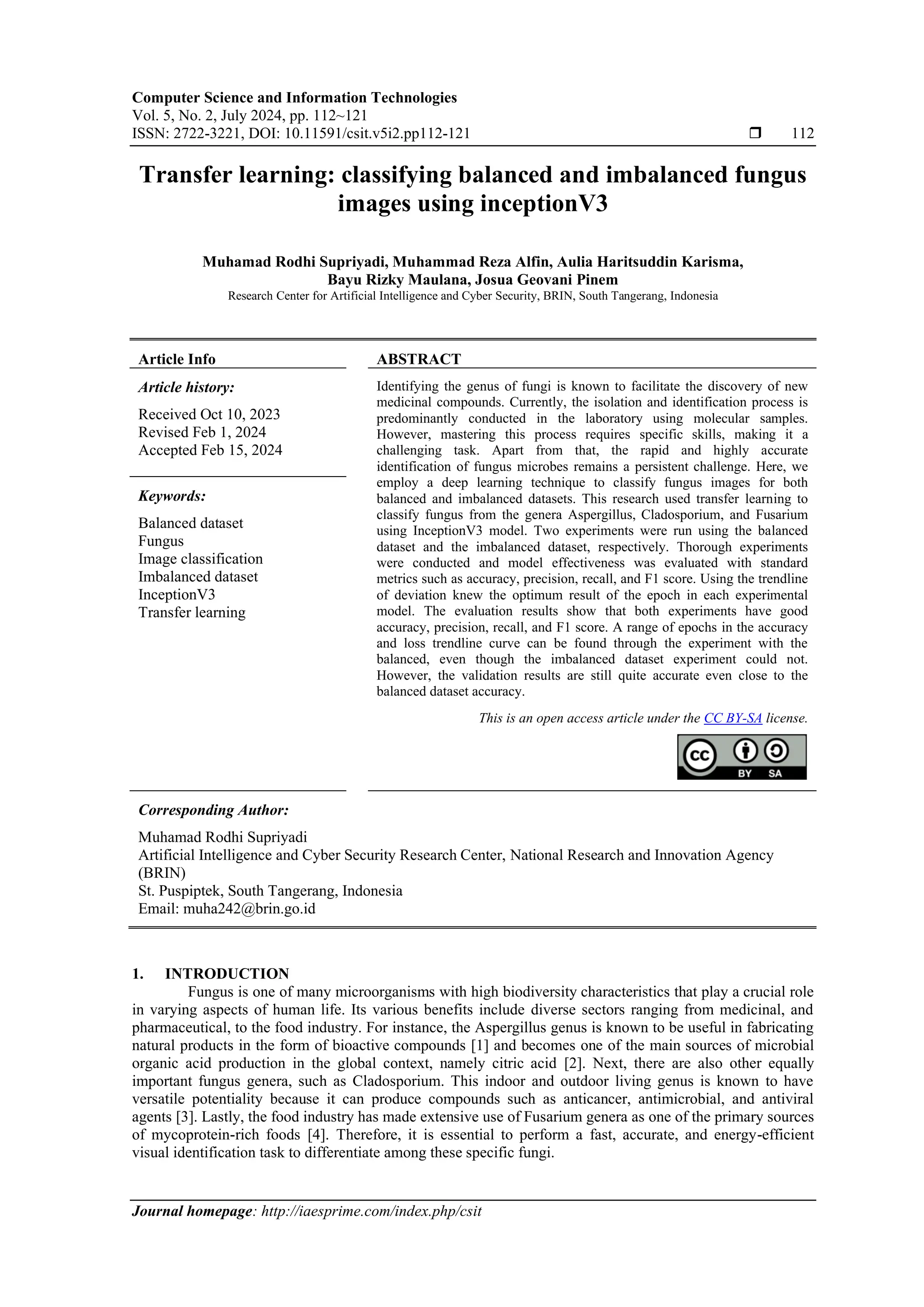 Transfer learning: classifying balanced and imbalanced fungus images using inceptionV3 | PDF