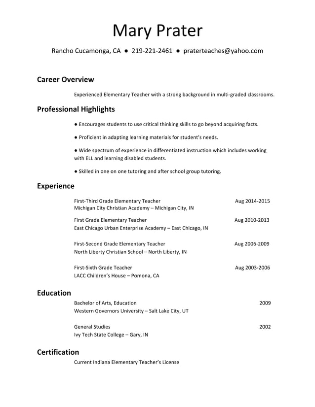 Mary ResumeRevised 2015 | PDF