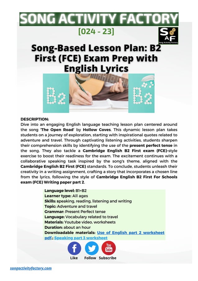 Song-Based Lesson Plan: B2 First (FCE) Exam Prep with English Lyrics ...