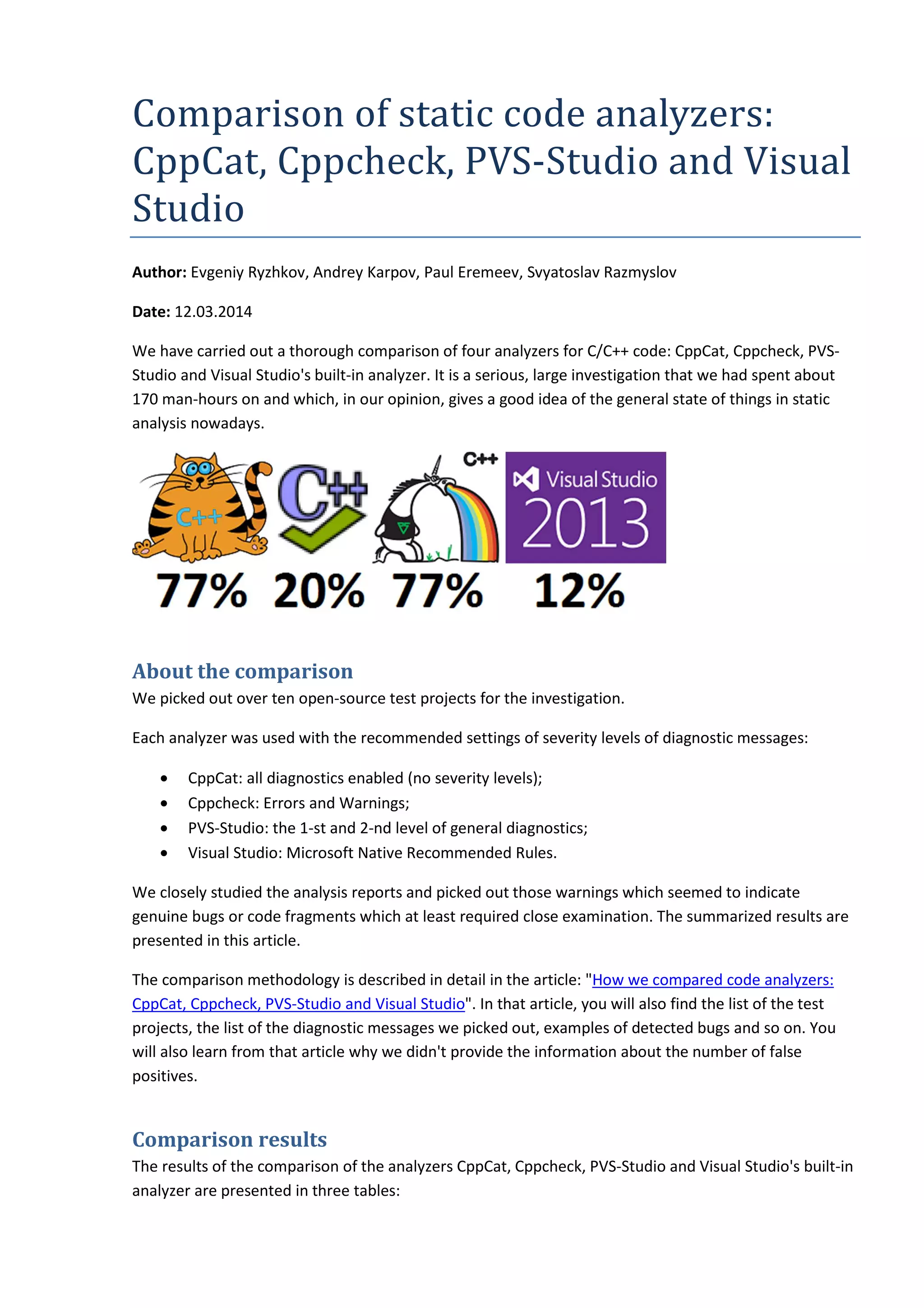 Comparison of static code analyzers: CppCat, Cppcheck, PVS-Studio and Visual Studio | PDF ...
