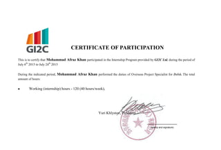 Mohammad Afraz Khan -CERTIFICATE OF Intern | PPT
