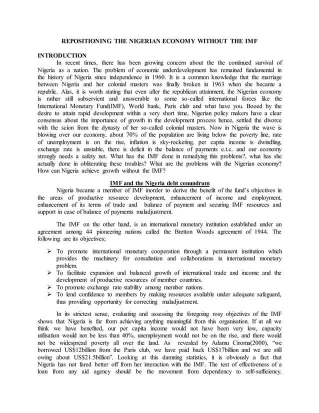 REPOSITIONING THE NIGERIAN ECONOMY WITHOUT THE IMF | PDF