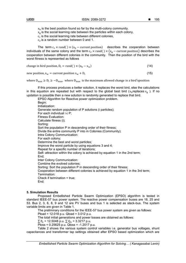 Embellished Particle Swarm Optimization Algorithm For Solving Reactive Power Problem Pdf