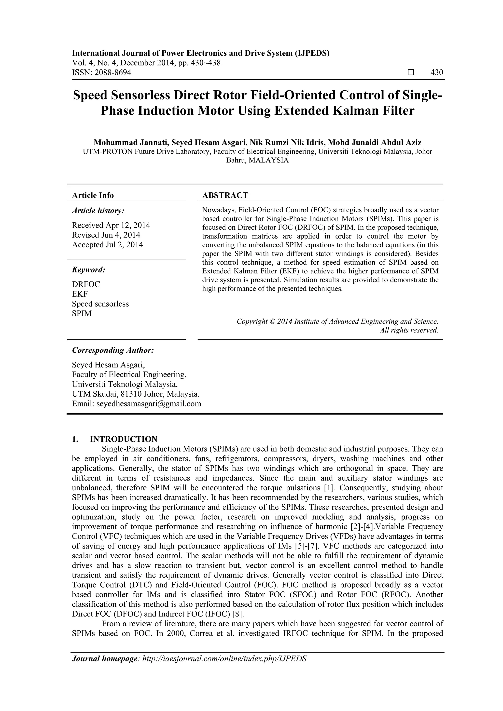 Speed Sensorless Direct Rotor Field Oriented Control Of Single Phase