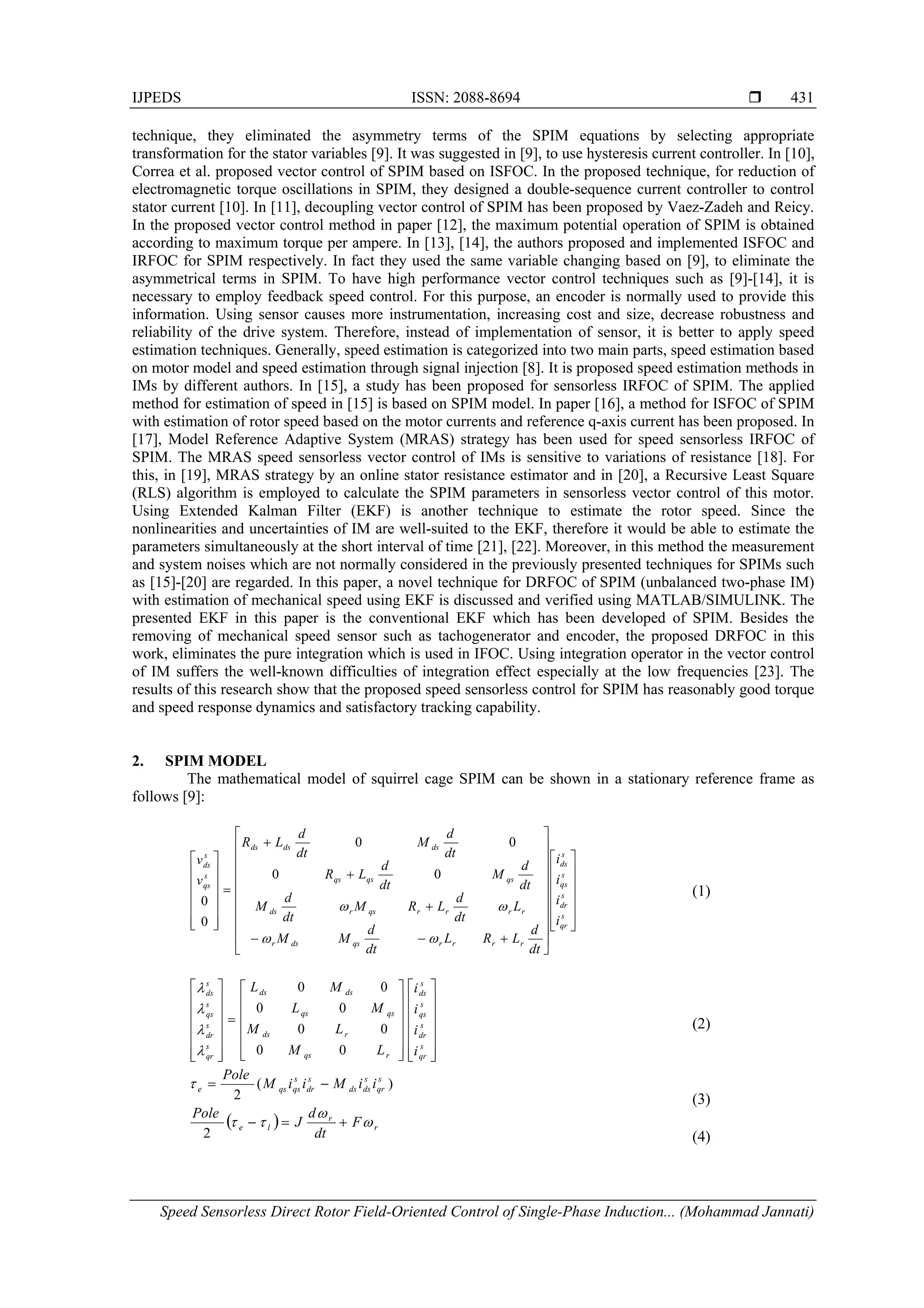 Speed Sensorless Direct Rotor Field Oriented Control Of Single Phase
