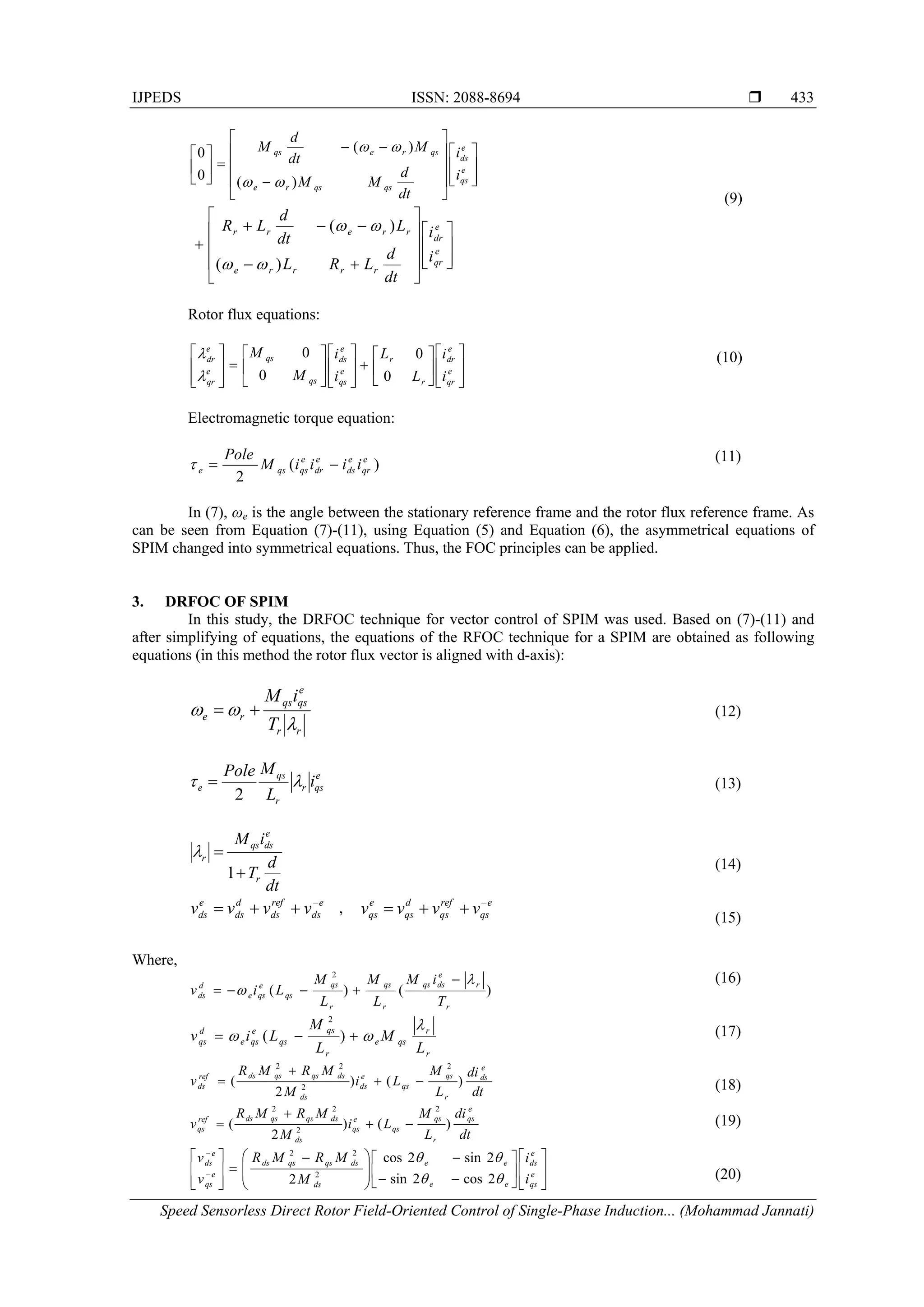 Speed Sensorless Direct Rotor Field Oriented Control Of Single Phase