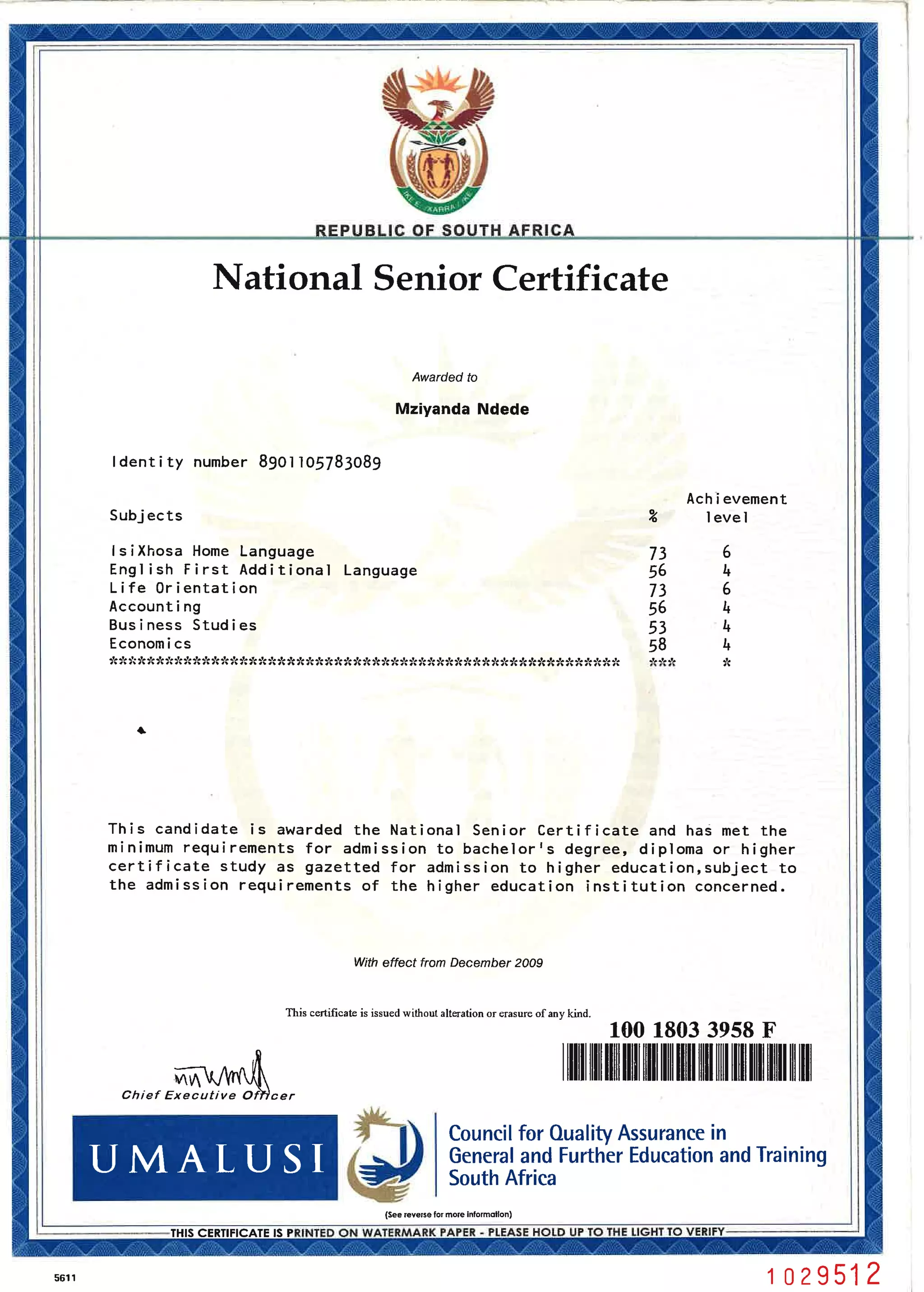 Matric Certificate | PDF