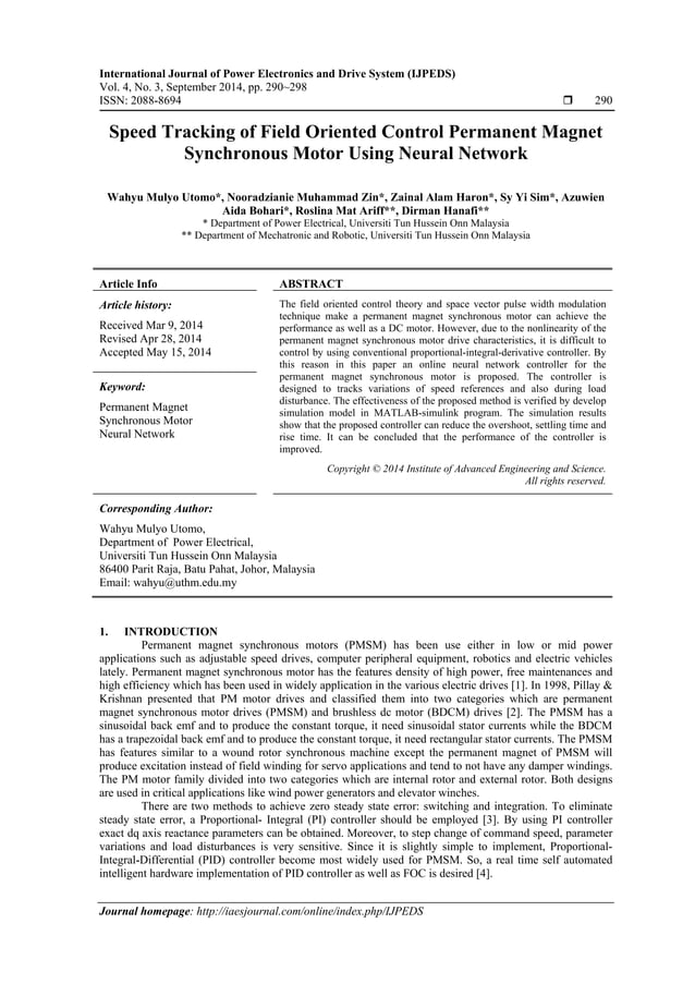 Speed Tracking of Field Oriented Control Permanent Magnet Synchronous Motor Using Neural Network ...