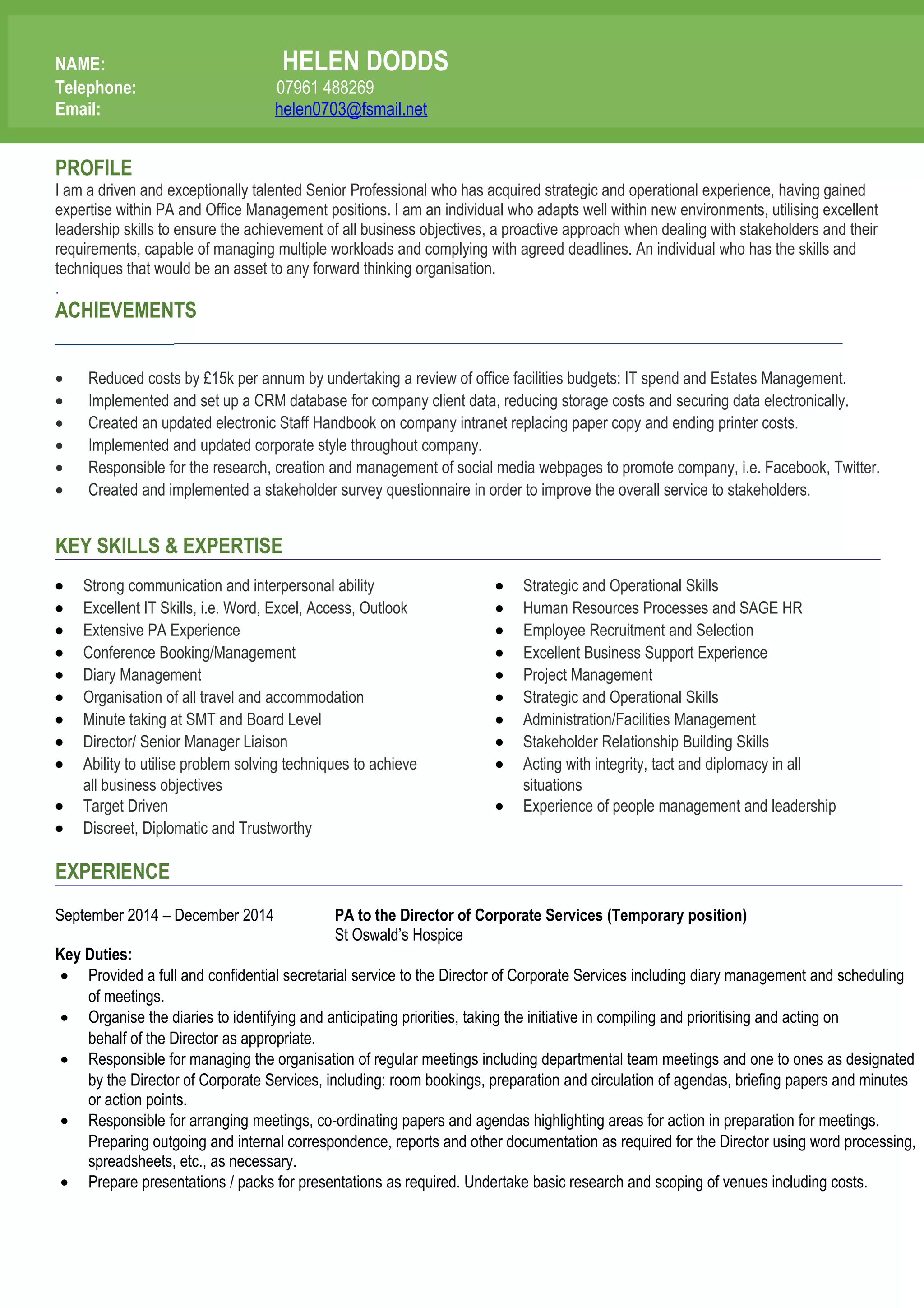 Helen Dodds CV 2015 | PDF