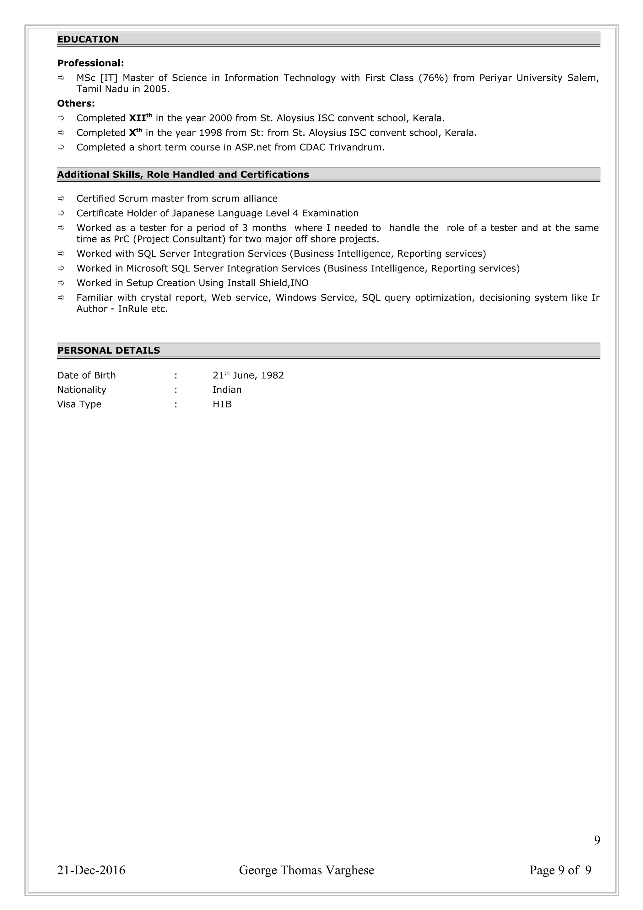 George_Thomas Varghese_Resume_2016 | DOC | Databases | Computer Software and Applications