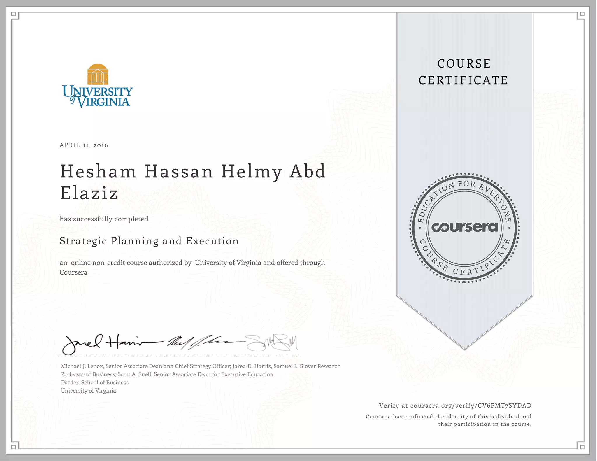 19 PROFESIONAL COURSE CERTIFICATE - UNIVERSITY OF VERGINIA - STRATEGIC ...