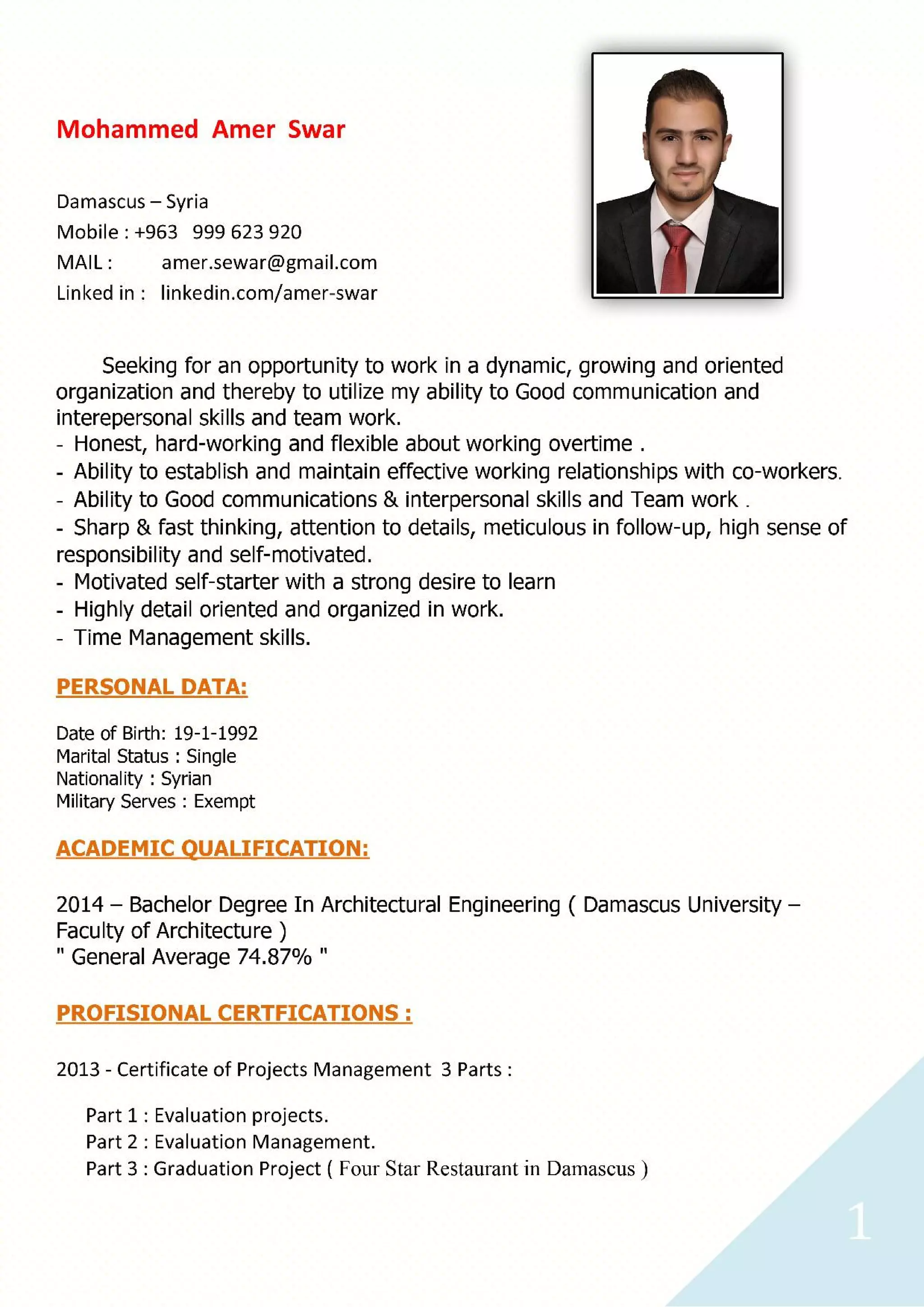 Arch Mohammed Amer Swar CV web | PDF