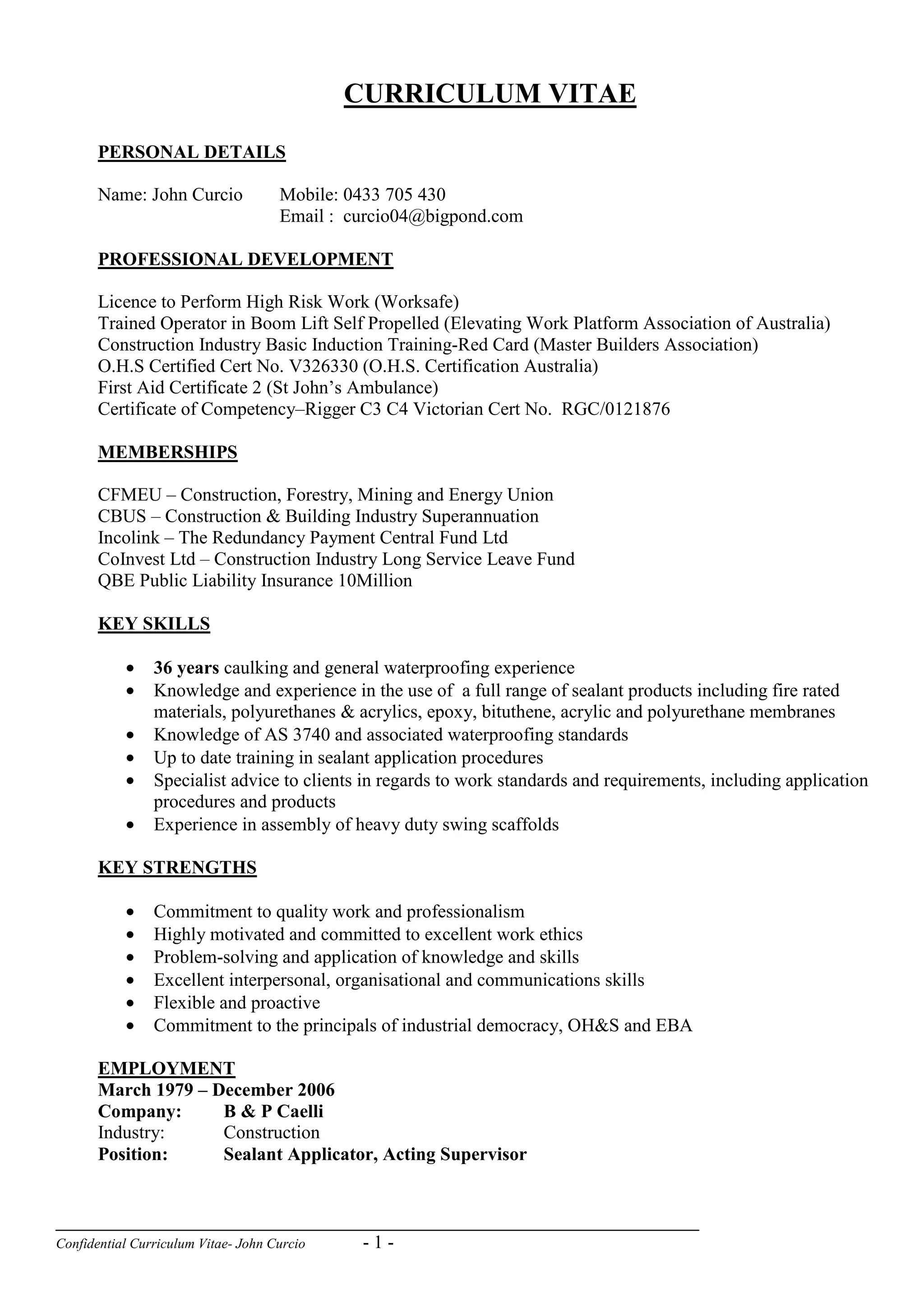 cv john curcio 220115 | PDF | Australia and Oceania Travel | Travel Locations