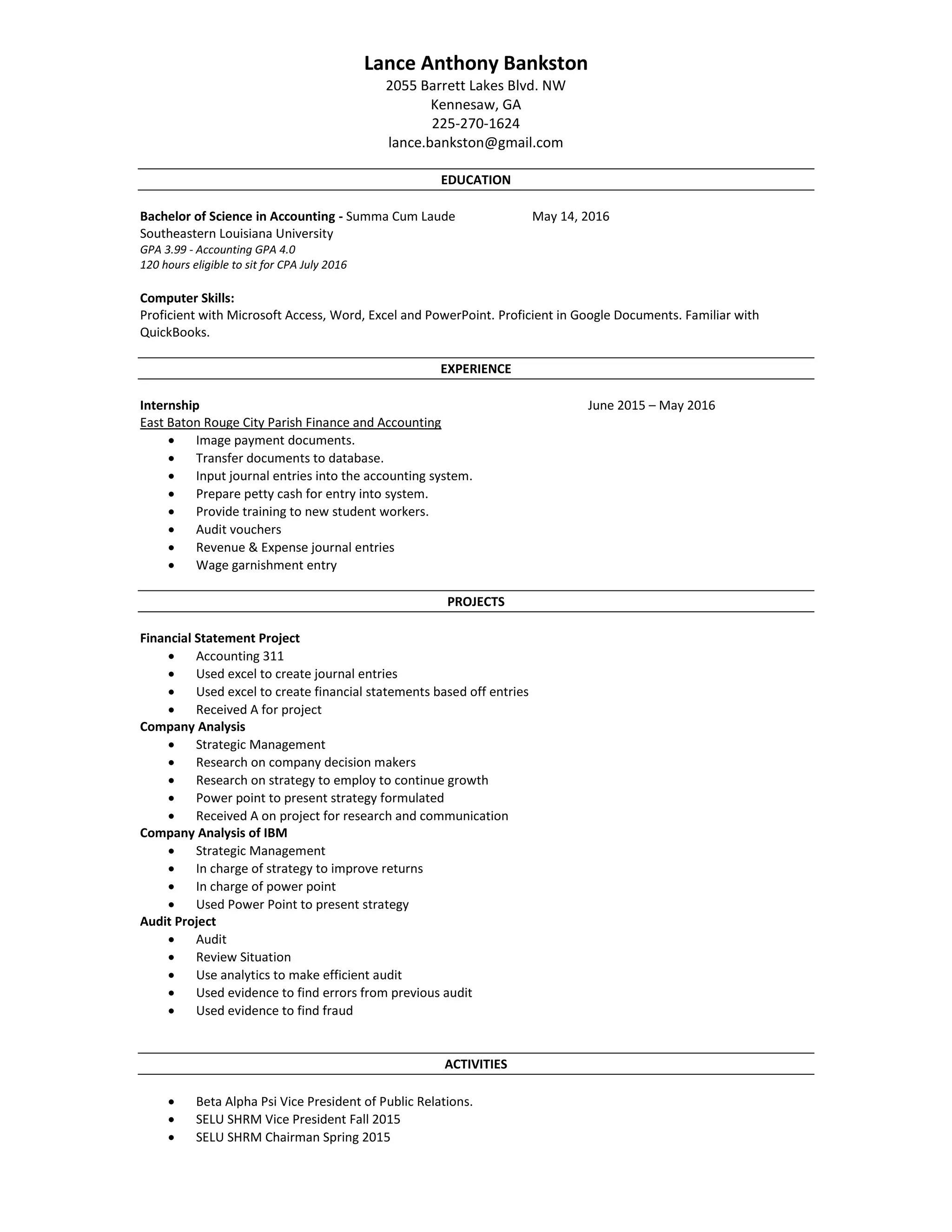 Lance Bankston Accounting Resume | PDF