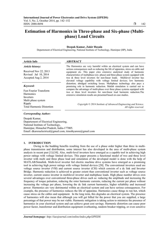 Estimation of Harmonics in Three-phase and Six-phase (Multi- phase) Load Circuits | PDF