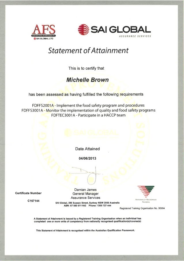 HACCP - Statement of Attainment