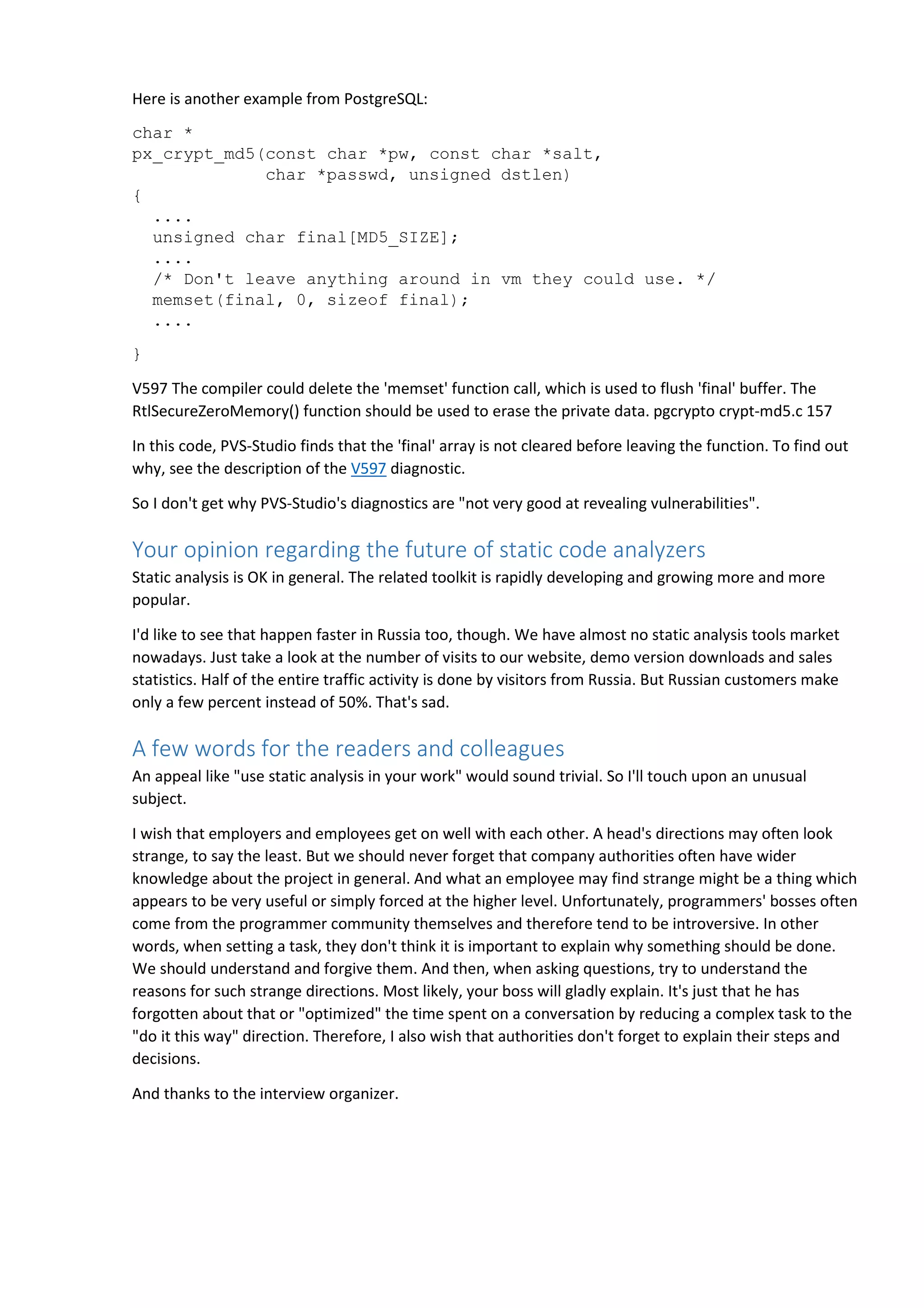 A Bonus to the "Three Interviews About Static Analyzers" Article, or Interview Four | PDF