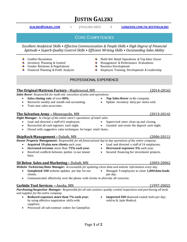 Justin-Galzki-Resume1 | DOCX | Sales | Business