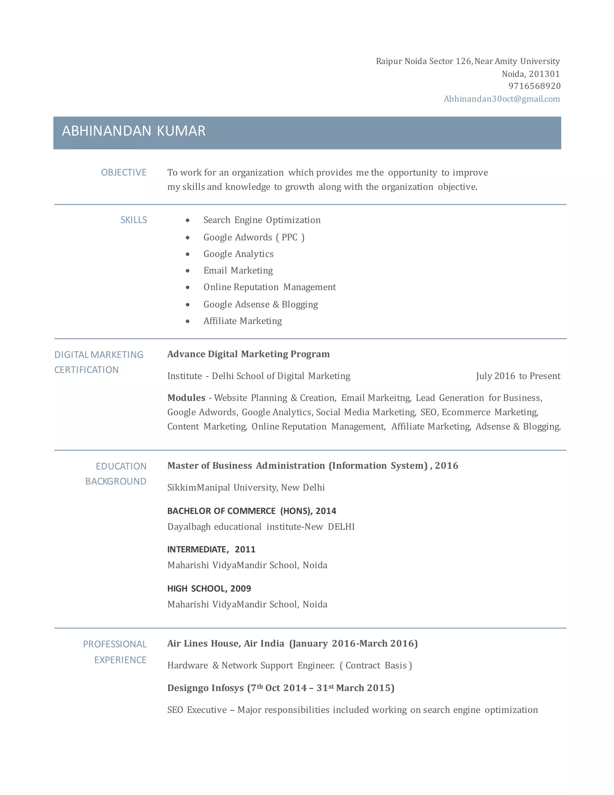 Abhinandan kumar Resume | DOCX
