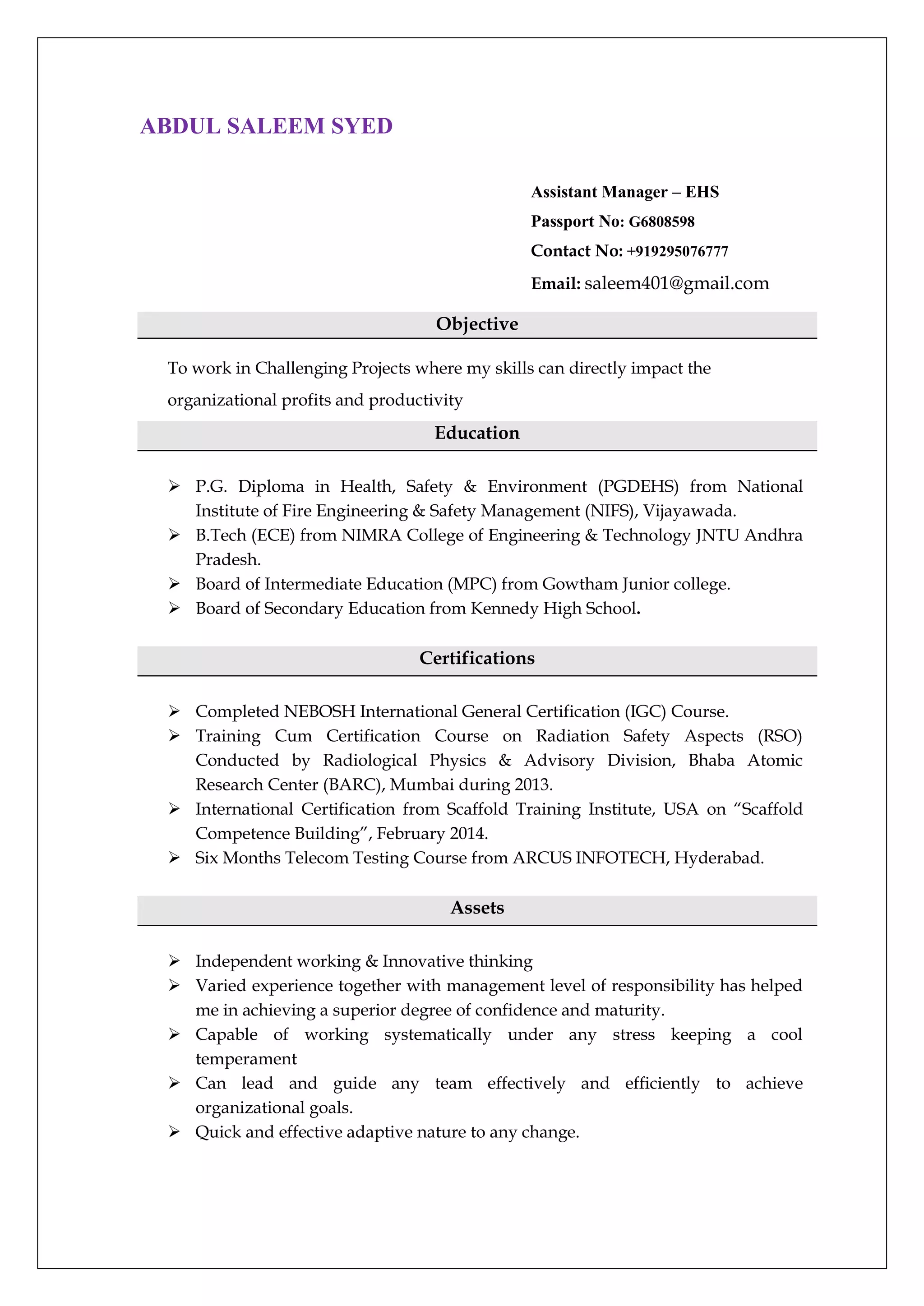 Saleem Resume-EHS | PDF
