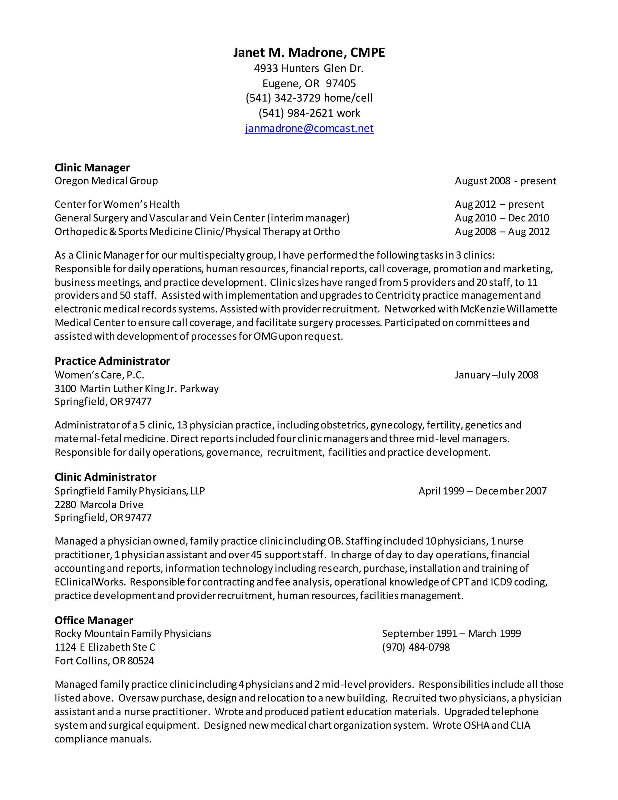 CV Janet Madrone | DOCX | Healthcare Industry | Industries