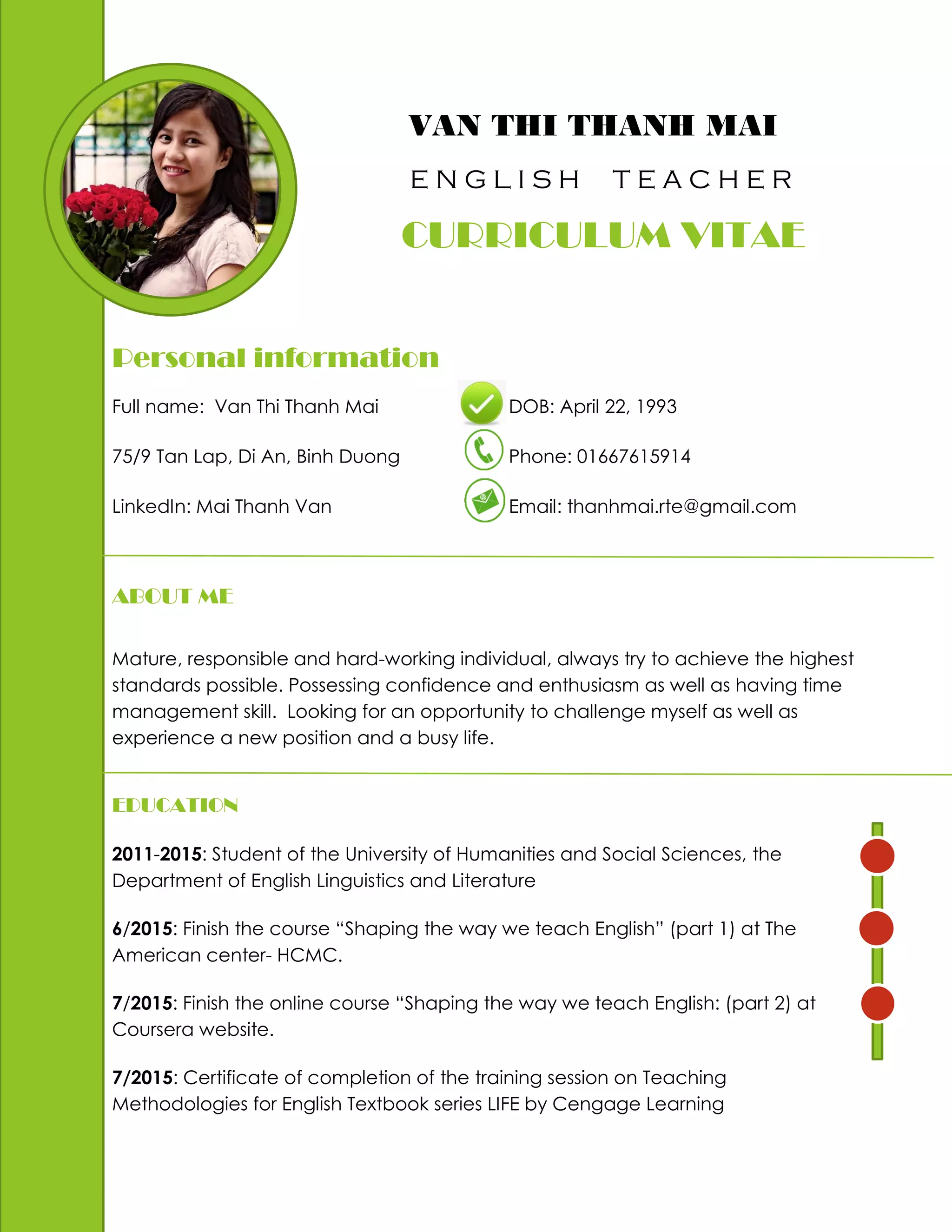 VAN THI THANH MAI- CV | PDF | Education