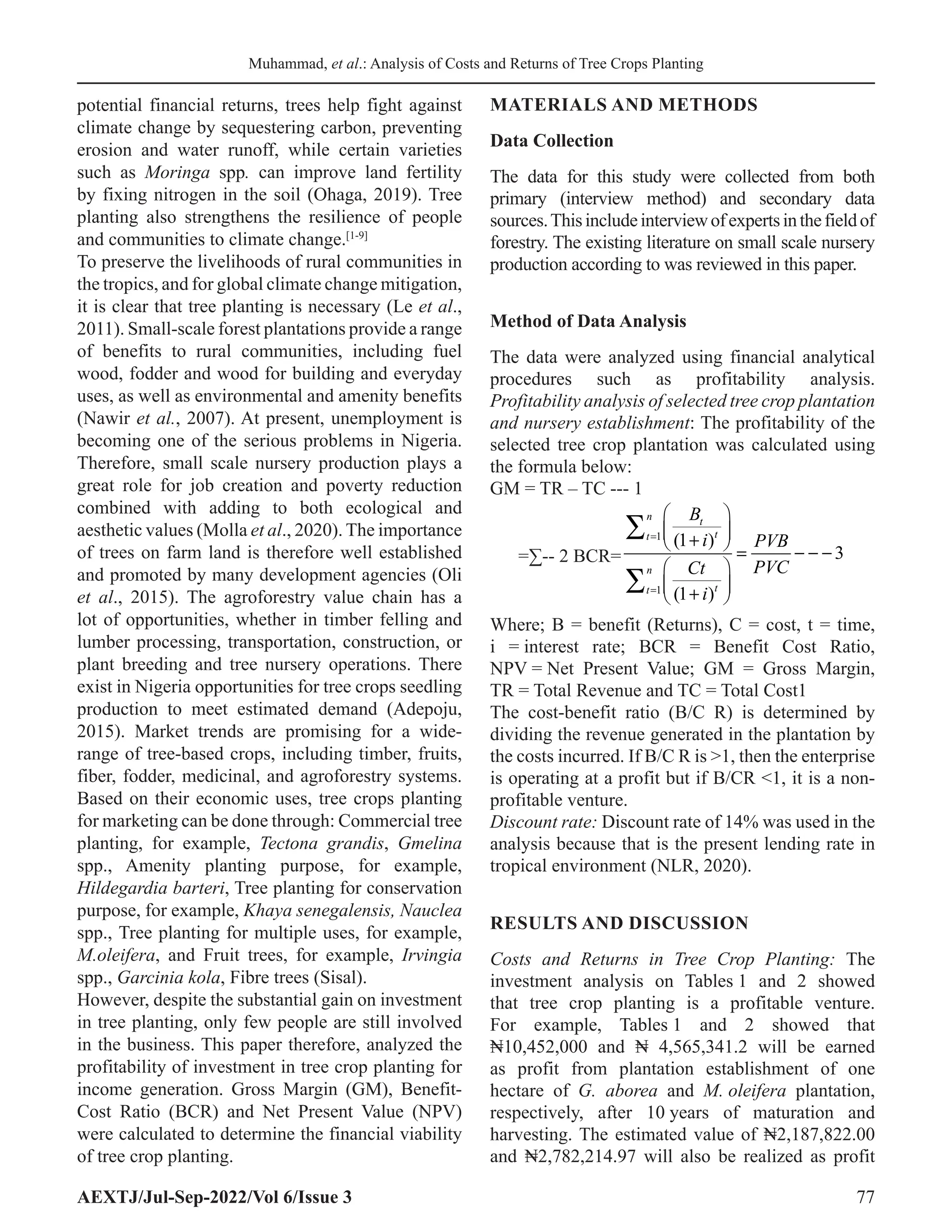 Analysis of Costs and Returns of Tree Crops Planting in Tropical ...