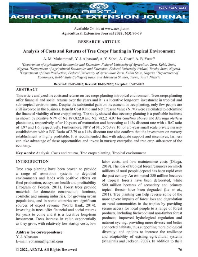 Analysis of Costs and Returns of Tree Crops Planting in Tropical ...